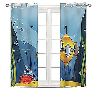 Marigold and Blue Black Curtains for Bedroom 84 Inch Long Yellow Submarine Kids Bedroom Blackout Grommet Top Curtain Panels W96 x H84