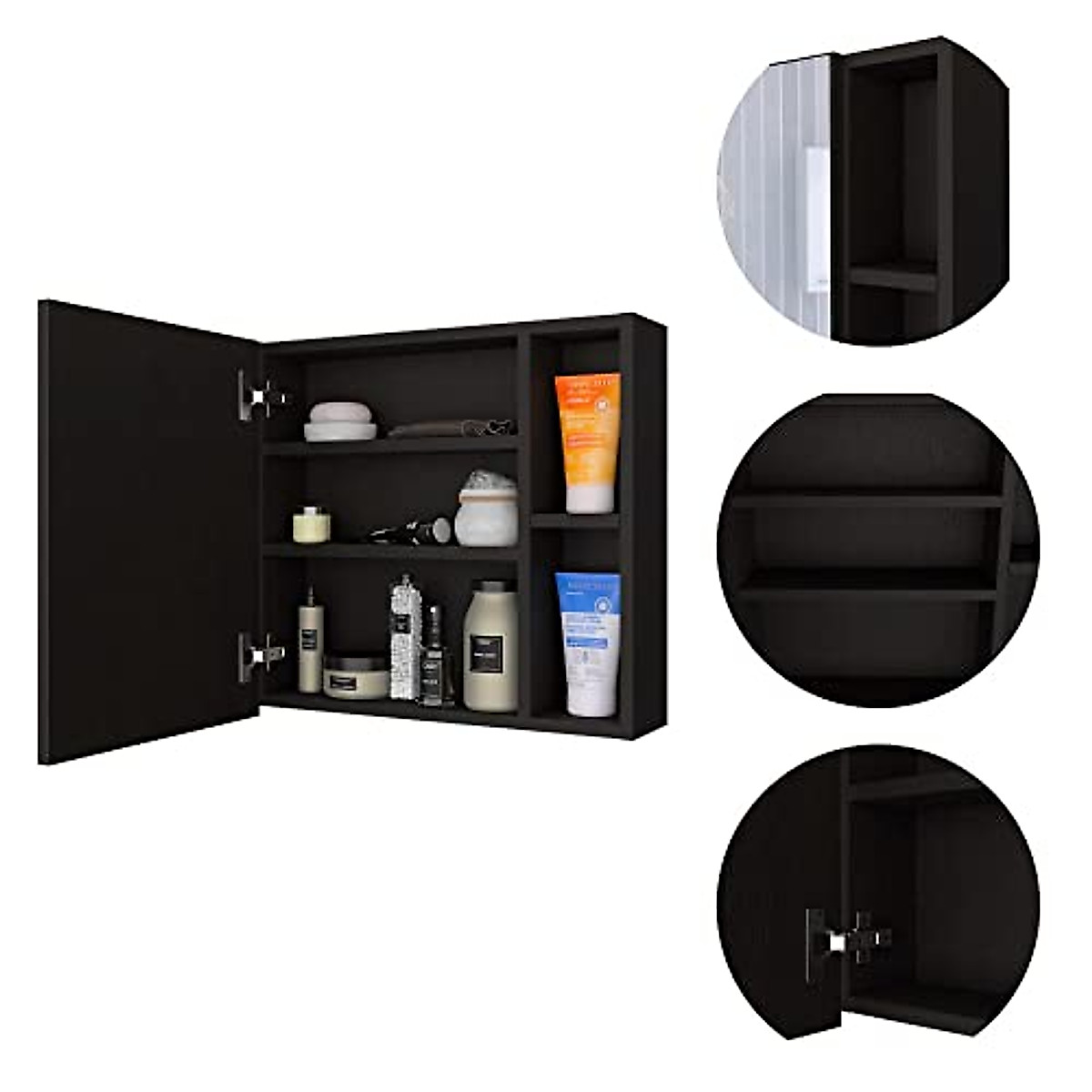 Queets Medicine Single Door Cabinet with Mirror, 2 Open Shelves, and 3 Inner Shelves, Black