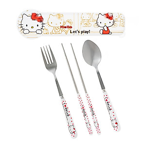 oneZHI Cartoon Kitty Utensils Set Includes Reusable Stainless Steel Fork Spoon Chopsticks And Cute Cat Carrying Case Durable