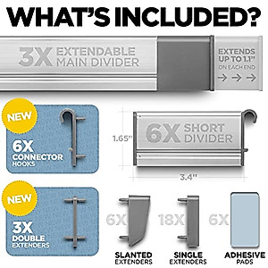 Practical Comfort Drawer Dividers, 9 pcs adjustable drawer dividers set, Made from high strength aluminum, 3 Main expandable drawer divider expand From 17.5" to 19.7" + 6 Sliding Separators 3.8"