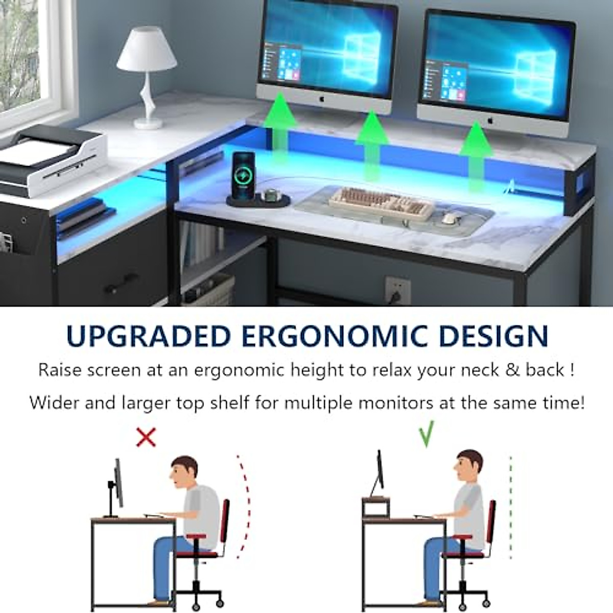 Loomie L Shaped Computer Desk with Power Outlets, 55"x41"D Reversible Corner Desk with LED Light, Drawer & Monitor Stand, Home Office Gaming Desk with 4 Tier Storage Shelves & Bag, White Faux Marble