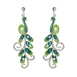 EVER FAITH Gold-Tone 4 Inch Peacock Teardrop Dangle Earrings Green Austrian Crystal