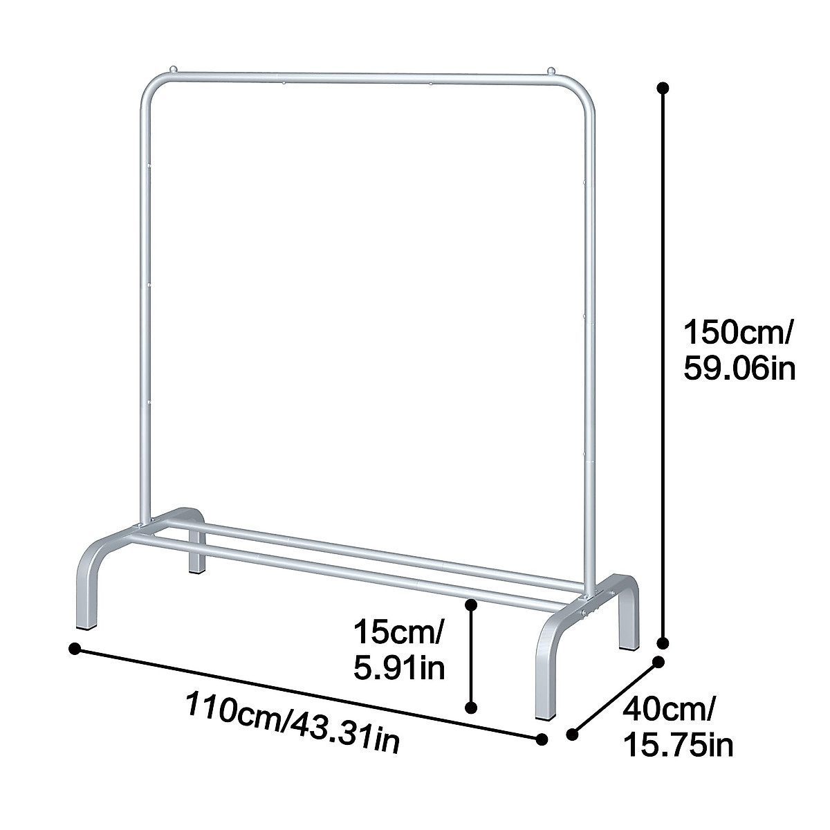 JIUYOTREE Metal Clothing Rack 43.3 Inches Clothes Garment Coat Rack with Bottom Shelf Clothing Rack for Hanging Clothes Coats Skirts Shirts Sweaters Silver Gray