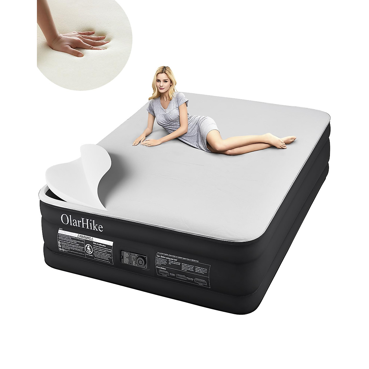 OlarHike Signature Collection Queen Air Mattress with Built in Pump,18” Luxury Air Mattress with Silk Foam Topper for Camping, Home & Guests, Fast & Easy Inflation/Deflation Airbed Black