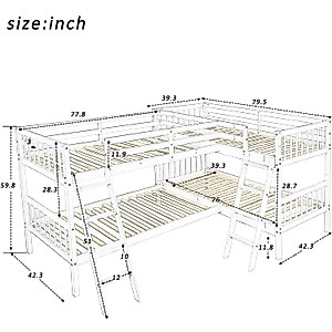 MERITLINE L-Shaped Quad Bunk Bed, Four Bunk Bed Twin Over Twin with Angle Ladder,Wooden Corner 4 Bed Bunk Bed for Kids, Teens, Adults, No Box Spring Needed (Twin, Grey)