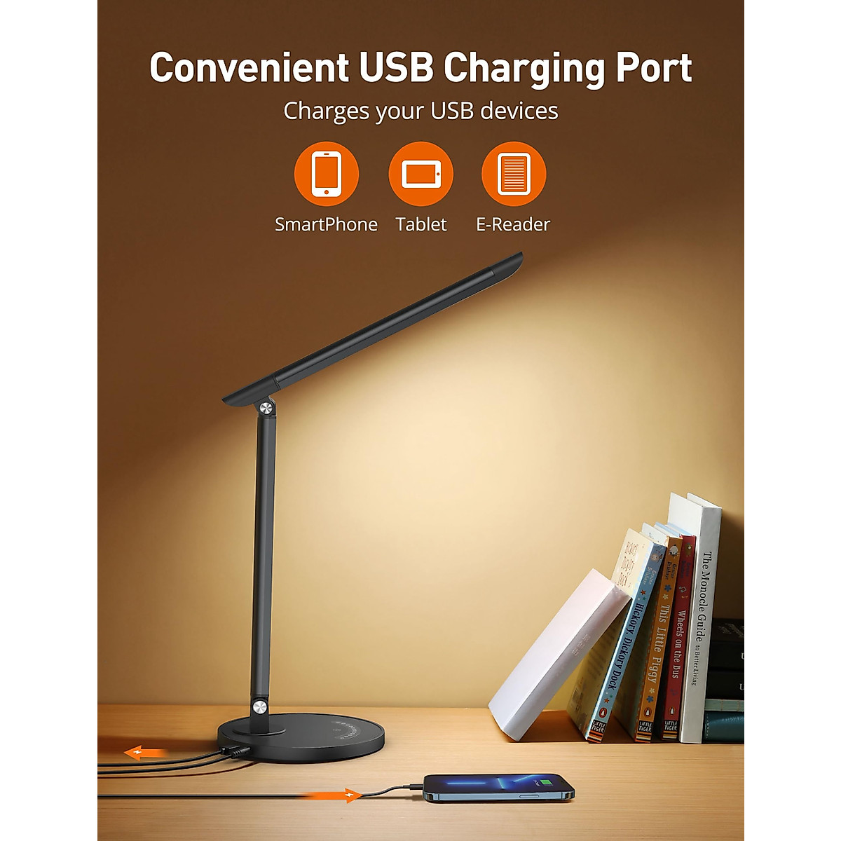 soysout LED Desk Lamp, Eye-Caring Table Lamp with USB Charging Port, 5 Lighting Modes with 7 Brightness Levels, Touch Control, 12W (Black)