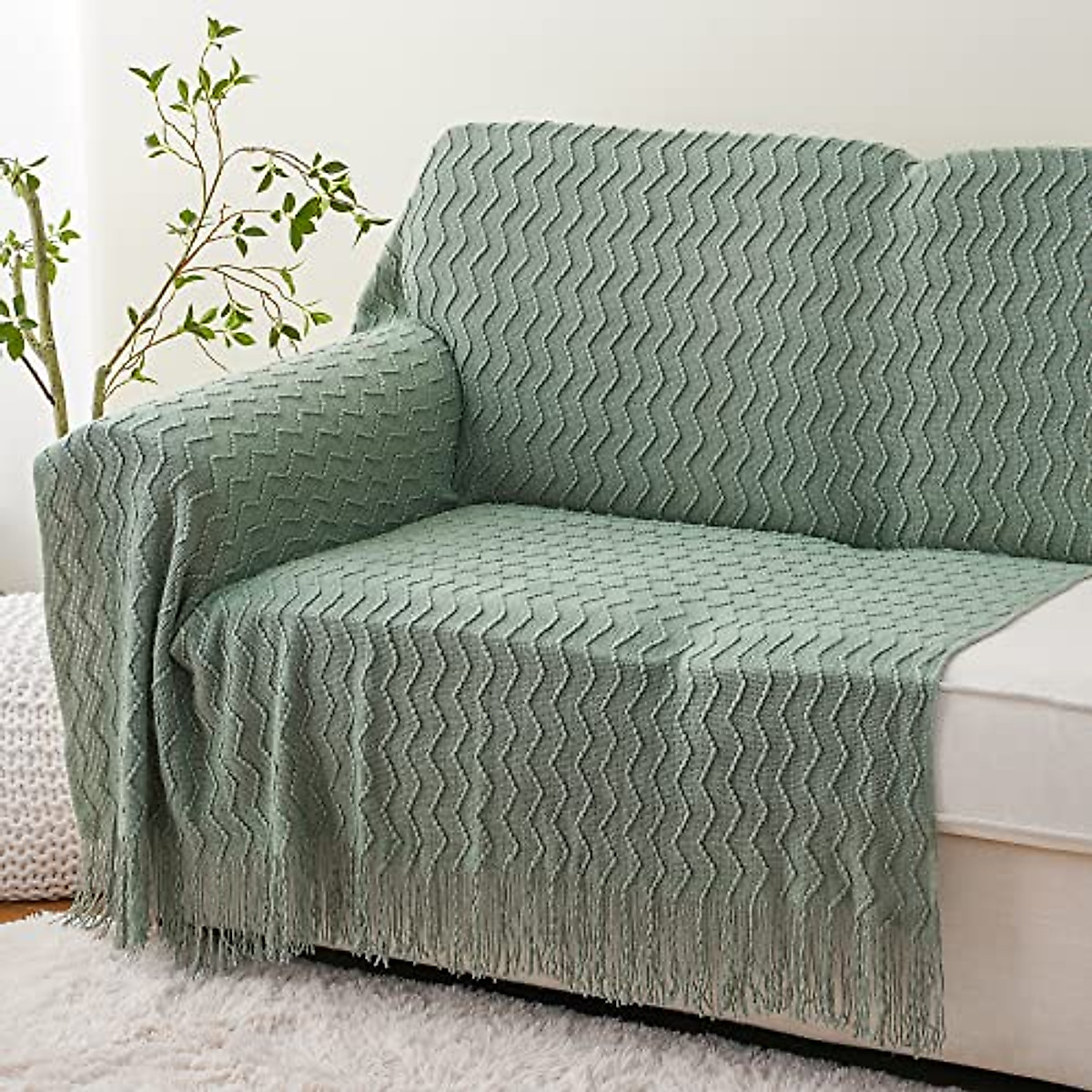BATTILO HOME Sage Green Throw Blanket for Couch, Knitted Soft Sage Throw Blankets, Decorative Spring Green Blanket for Sofa Bed, 50"x60"