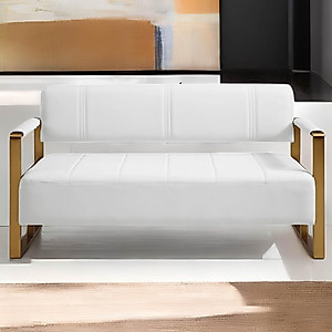 RIDFY Mid-Century Modern Faux Leather Loveseat Sofa with Golden Metal Arms, 2 Seat Leather Futon Couch Armchair for Small Spaces, Living Room, Office, Apartment (White)