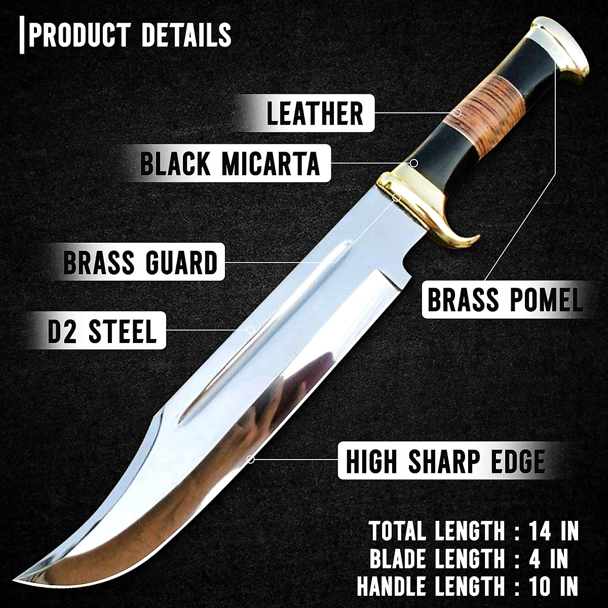 Rising Crafts 14" Crocodile Dundee Bowie Knife - Fixed Blade Survival & Hunting Knife With Sheath - Tactical for Camping, Outdoor, Bushcraft - Gift for Men