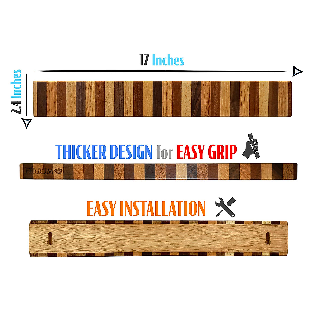 Rainbow Magnetic Knife Strip, Holder 17 Inches Long, Powerful Magnetic Wood Knife Holder for Wall, Made from Walnut, Sapele, Oak, Beech Woods.