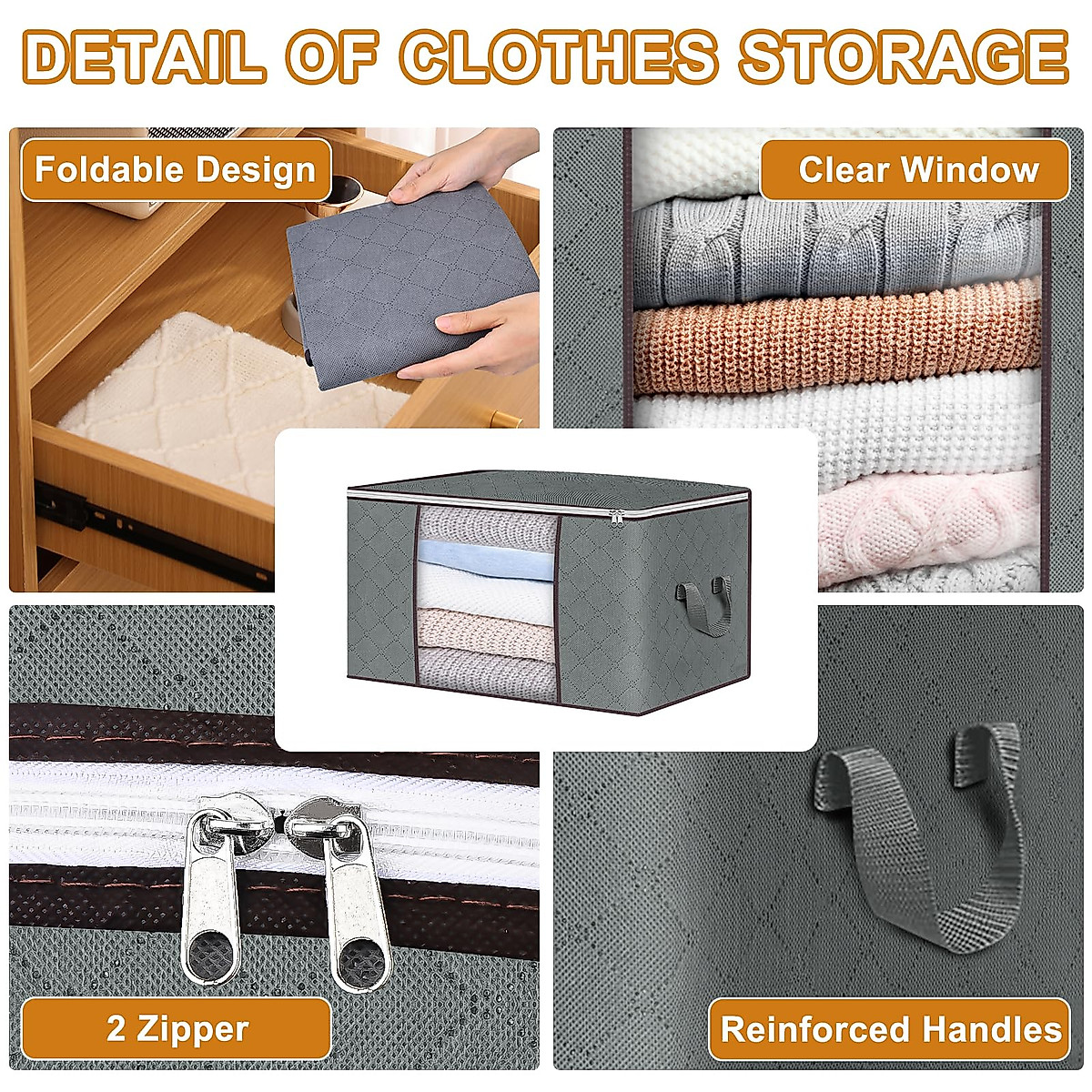 12 Pack Blanket Storage Bags with Zipper, Foldable Packing Bags for Moving Bags, Storage Bags for Clothes with Handles, Closet Organizers and Storage for Clothing, Sheet, Comforter, Bedding,60L, Grey