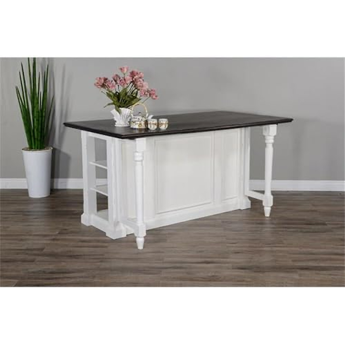 Pemberly Row 71.5" x 38" Farmhouse Wood Kitchen Island with Adjustable Shelves, Ample Storage Space, in White & Dark Brown Finish