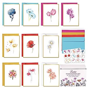 Racrico 50 Blank Note Cards and Envelopes,10 Gold Foil Designs Floral Blank Cards With Color Envelopes And Stickers, 4x6 Blank Note Greeting Cards Sets In Sturdy Bulk Box.