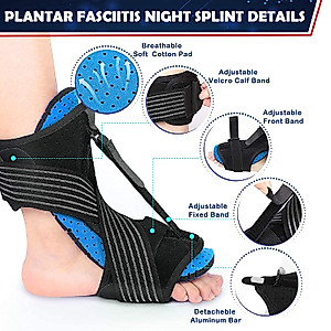 Plantar Fasciitis Night Splint, Adjustable Ankle Brace Foot Drop Orthotic Brace with Hard Spiky Massage Ball Arch Brace Pads, Foot Support Night Splint for Achilles Tendonitis Arch Foot Pain (Black)