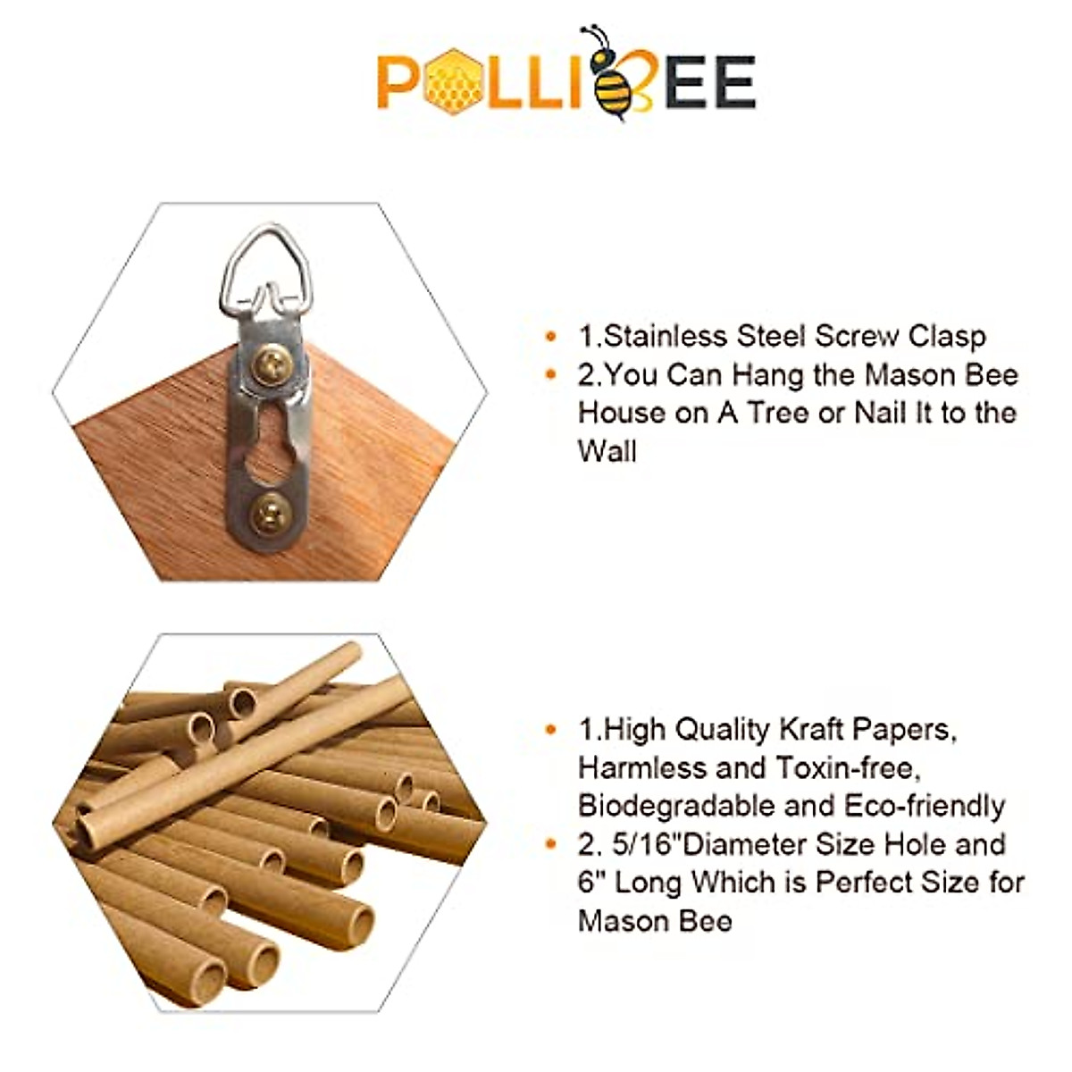 Mason Bee House - Handmade Natural Wooden Bee Hive Coated with Wax for Water-Proof and Long Service Life - Attracts Peaceful Bee Pollinators to Your Garden,Carpenter Bee Houses for Garden