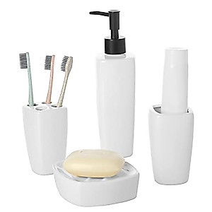 MyGift 4 Piece Ceramic White Bathroom Accessories Set Includes Lotion Dispenser with Matte Black Pump, Toothbrush Holder, Tumbler and Soap Dish