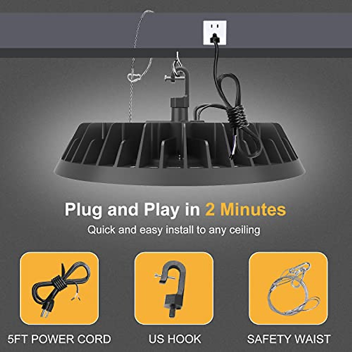 UFO LED High Bay Light 200W 4 Packs, JC-LGL High Bay LED Lights 32,000LM (160LM/W) 1-10V Dimmable, 5' Cable with Plug, Hanging Hook, Safe Rope, ETL Listed High Bay Light for Factory Warehouse Workshop