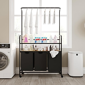 kepptory Laundry Basket 3 Section, 3 × 11.5 Gal (47L), Laundry Hamper Laundry Sorter 3 Section with Shelves and Clothes Hanging Bar, Rolling 3 Compartment Laundry Hamper for Laundry Bathroom Bedroom
