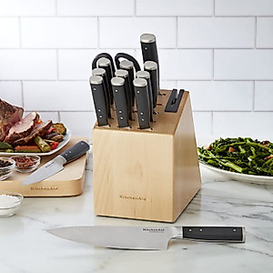 KitchenAid Gourmet Forged Triple Rivet Knife Block Set with Built-in Knife Sharpener, High Carbon Japanese Stainless Steel Kitchen Knives, Sharp Kitchen Knife Set with Block, Birchwood,14-Piece, Black