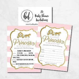 25 Little Princess Baby Shower Invitations, 25 Books For Baby Shower Request Cards, 25 Baby Shower Diaper Raffle Tickets For Baby Shower Girl, Cute Pink & Gold Write in Diaper Raffle Cards