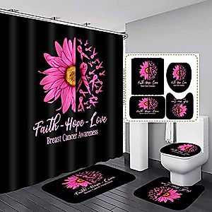 EARVO 4Pcs Breast Cancer Awareness Shower Curtain Curtain Set with Non-Slip Rugs, Toilet Lid Cover and Bath Mat, Pink Ribbon Bath Curtain 71x72 inches 12 Hooks SETYYEA22