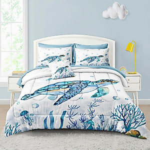 Sea Turtle Comforter Ocean Themed Bedding Sets 6 Pieces Twin Bed in A Bag Teal Blue Turtle Sea Horse Animal Cartoon Pattern Beach Coastal Bedding Comforter (Sea Turtle, Twin)