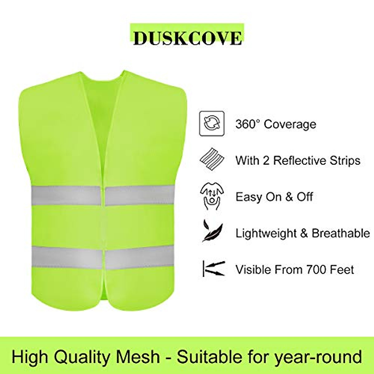 DUSKCOVE 10 Pack High Visibility Safety Vest for Traffic Work, Running, Surveyor and Security Guard - Construction Vest with 2 Reflective Strips, Made from Breathable and Neon Yellow Mesh Fabric