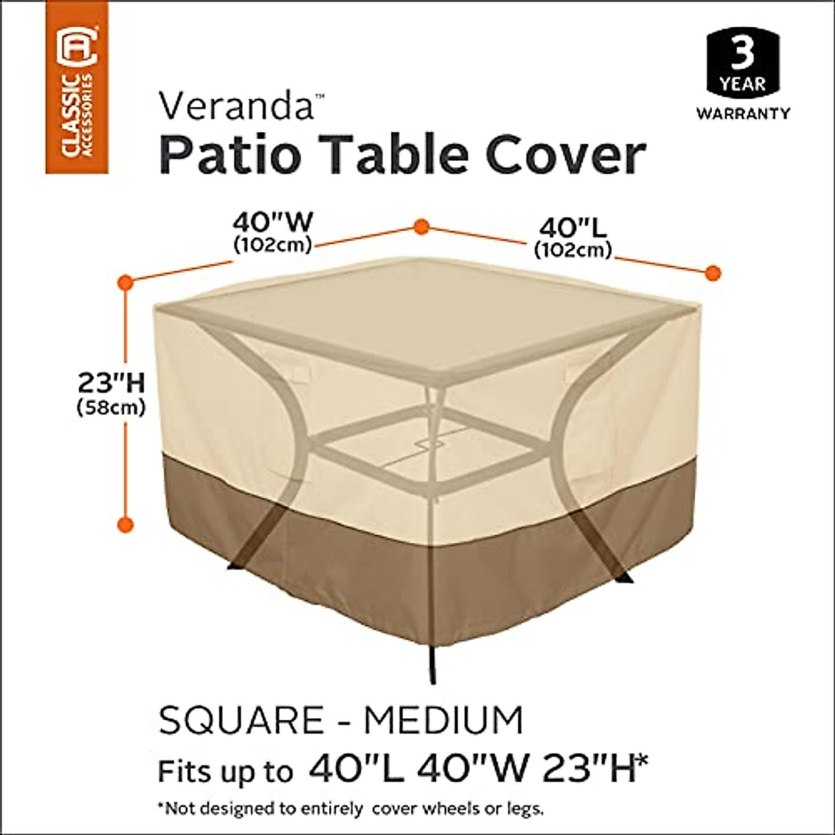 Classic Accessories Veranda Water-Resistant 40 Inch Square Patio Table Cover, Outdoor Table Cover, Pebble/Bark/Earth