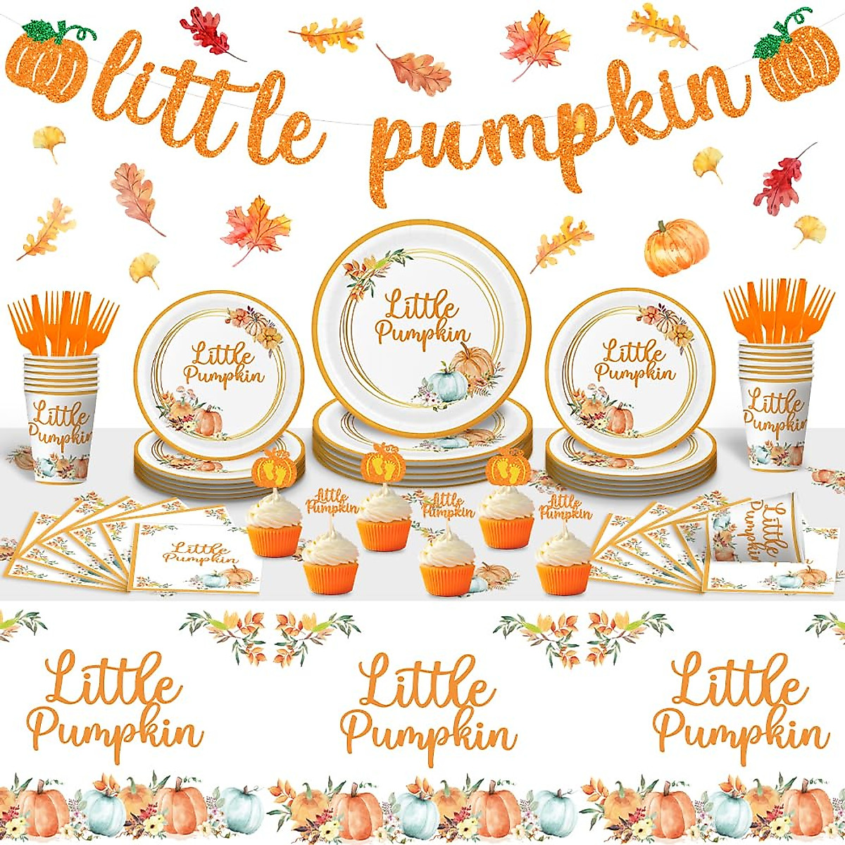 Little Pumpkin Baby Shower Party Decorations Set Serves 25, Little Pumpkin Baby Shower Plates and Cups, A Little Pumpkin is On The Way Baby Shower, Boy Girl Little Pumpkin 1st Birthday Party Supplies