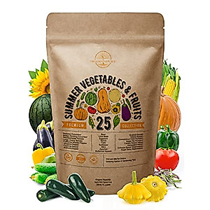 25 Summer Vegetable & Fruit Seeds Variety Pack for Planting Outdoors and Indoor Home Gardening 1500+ Non-GMO Heirloom Veggie & Salad Green Seeds: Collards Tomato Pepper Okra Onion Bean Cucumber & More