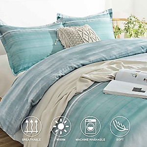 Nanko King Duvet Cover Set, Grey and Blue Teal Striped Print Pattern 3pc 104x90 Microfiber Comforter Quilt Bedding Cover with Zip Ties - Modern Farmhouse Styly for Men and Women Teen, Gray