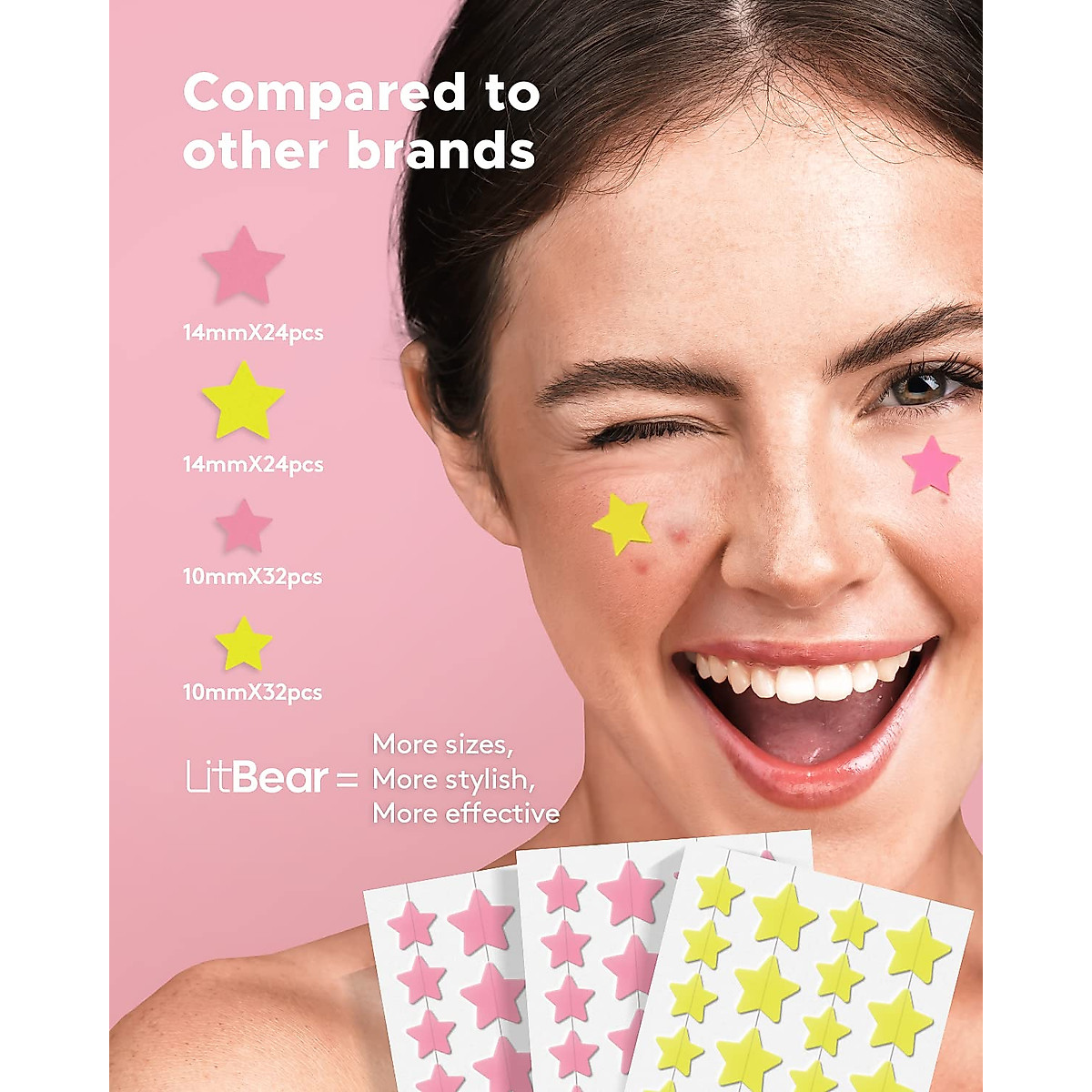 LitBear Acne Patch Pimple Patch, Pink & Yellow Star Shaped Acne Absorbing Cover Patch, Hydrocolloid Acne Patches For Face Zit Patch Acne Dots, Tea Tree Oil & Centella, 112 Patches, 14mm & 10mm