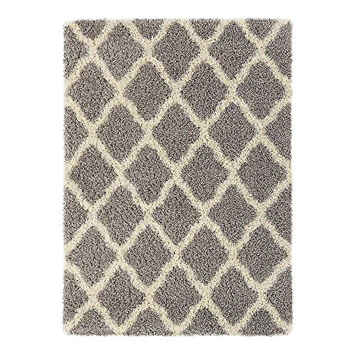 Sweet Home Stores Cozy Shag Collection Grey and Cream Moroccan Trellis Design Shag Rug (5'0'' X 7'0") Contemporary Living and Bedroom Soft Shaggy Area Rug