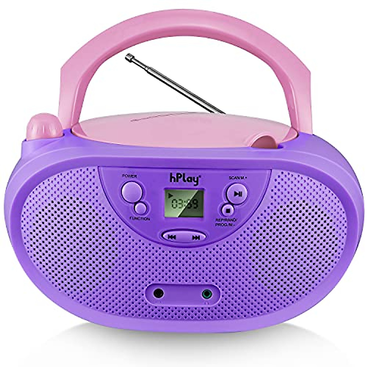 hPlay Gummy GC04 Portable CD Player Boombox with Digital Tunning AM FM Stereo Radio Kids CD Player LCD Display, Aux-Port Supported AC or Battery Powered - Pastel Violet