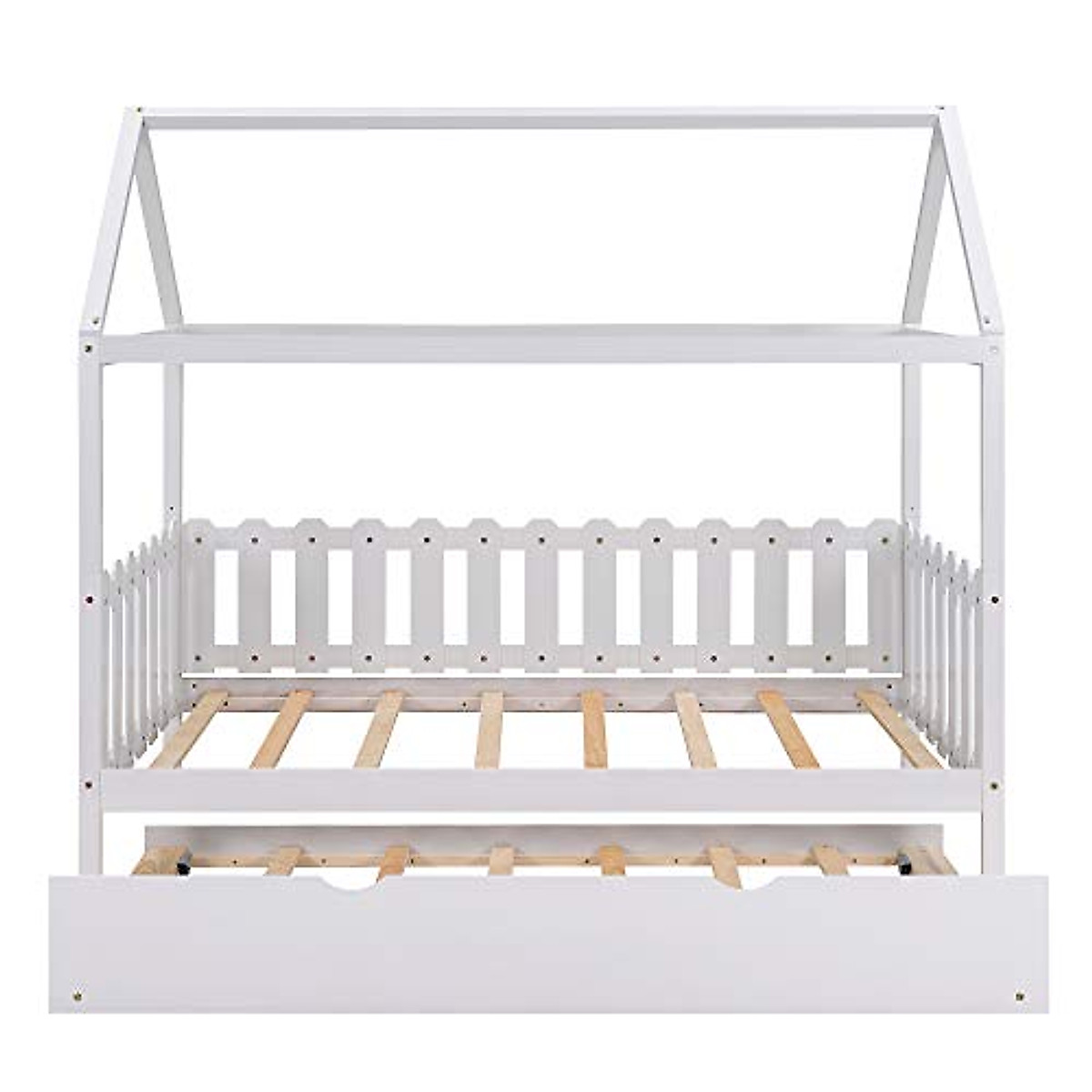 KLMM Low Daybed for Kids, Floor Bed with Trundle Bed, House Shape Wooden Bed Frame with Fence-Shaped Guardrail and Roof, Bedroom Furniture, Can be Decorated, Tent, Twin (White+Fence-Shaped Guardrail)