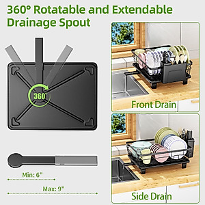 DMTXCRP Dish Drying Rack with Drainboard for Kitchen Counter, Large Capacity Durable Rustproof Stainless Steel Dish Drainer Rack with Removable Flatware Caddy -Black
