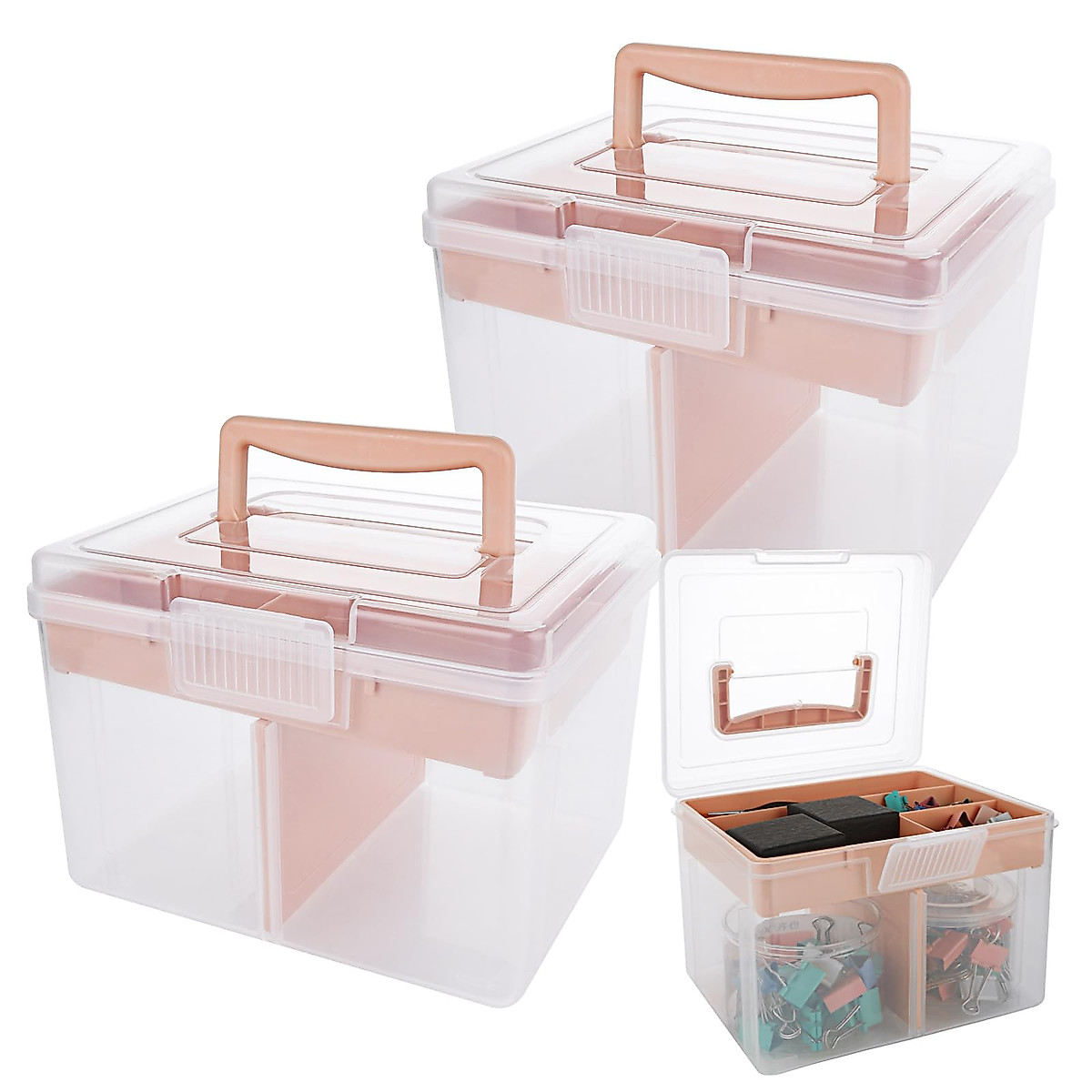 2 Pack Small Portable Plastic Storage Box for Beauty Ornaments Hair Nail Accessories, 2 Layer Cosmetic Case with Handle & Removable Tray & a Divider, Sewing Box Organizer, Art Box (Clear & Pink)