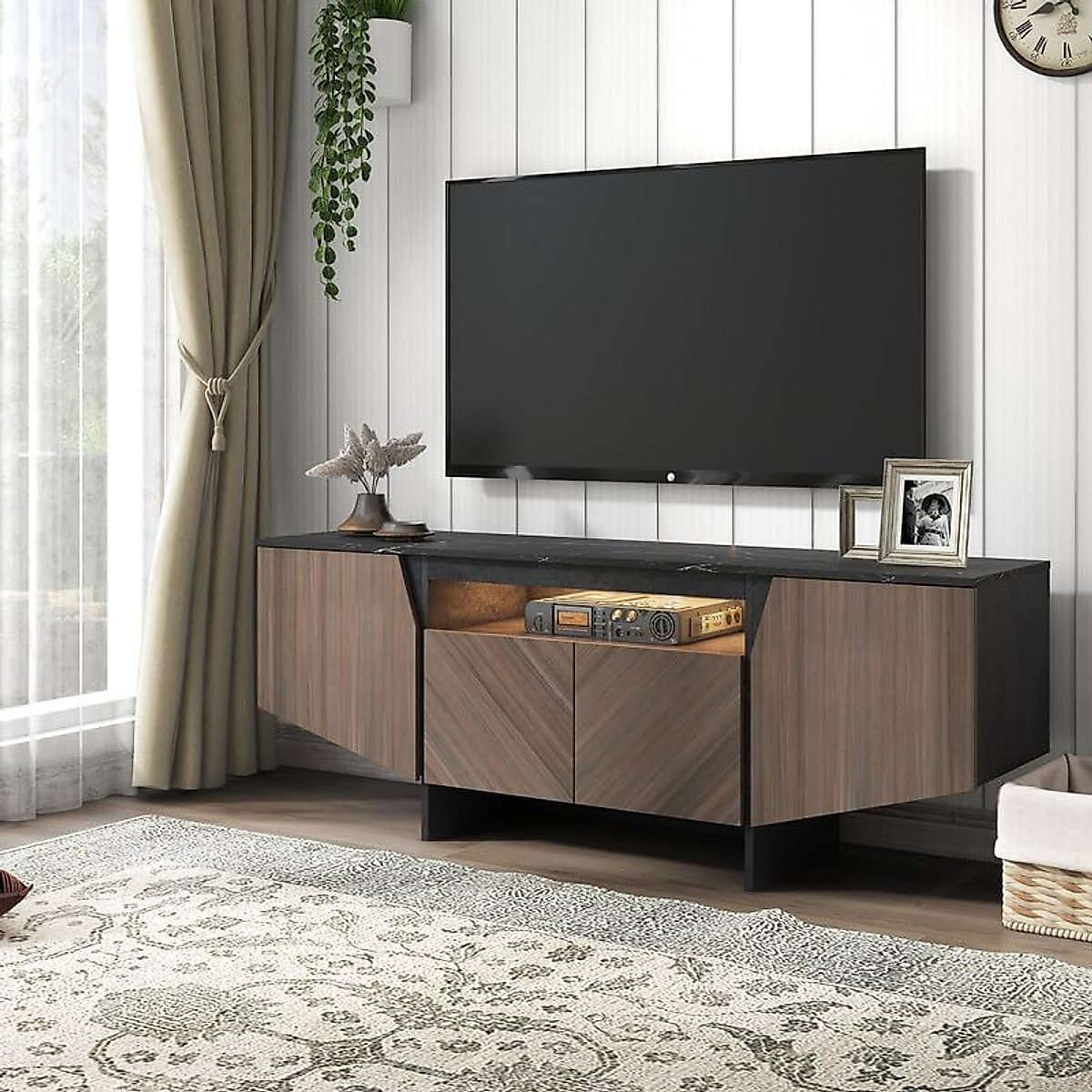 LED TV Stand with Storage Cabinet,Shelves and Cable Holes, Media Entertainment Center for TV up to 65",Television Stands Console Table Coffee Table Credenza for Living Room Bedroom,Antique Dark Grey
