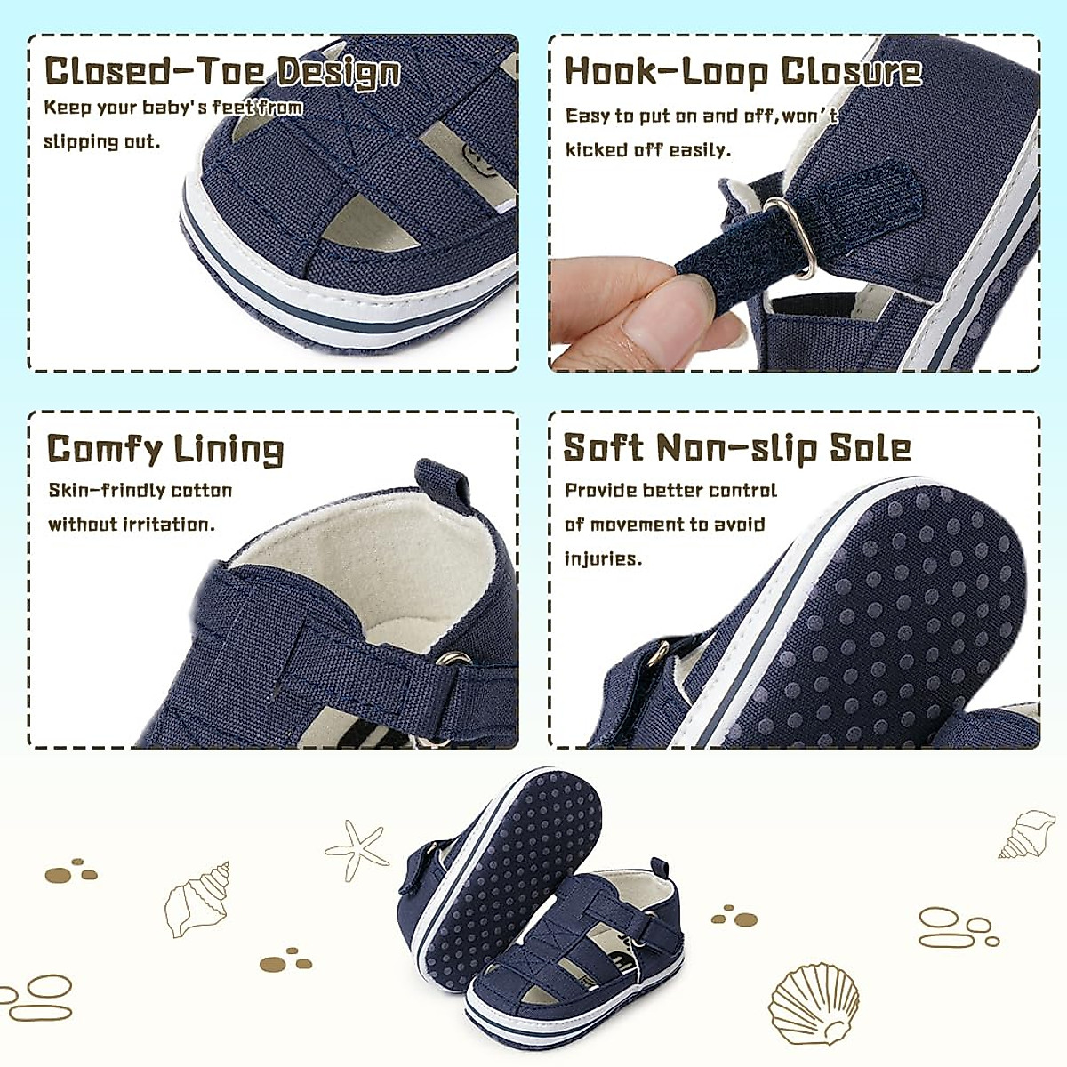 Meckior Summer Baby Infant Boys Beach Sandals Canvas Toddler Soft Sole Non-Slip Closed Toe First Walkers Shoes