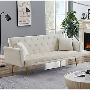 Anwickhomk 72" Velvet Futon Sofa Bed,Convertible Folding Sleeper Couch Bed,Modern Tufted Recliner Loveseat with Golden Chrome Legs for Small Living Spaces,Bedroom Dorms Office (Beige+Pillows)