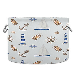 Kigai Watercolor Nautical Pattern Large Round Storage Basket with Handle, Collapsible Decorative Laundry Baskets for Blanket, Cotton Rope Organizer Toys Towels Nursery Hamper Bin, 20" x 14"