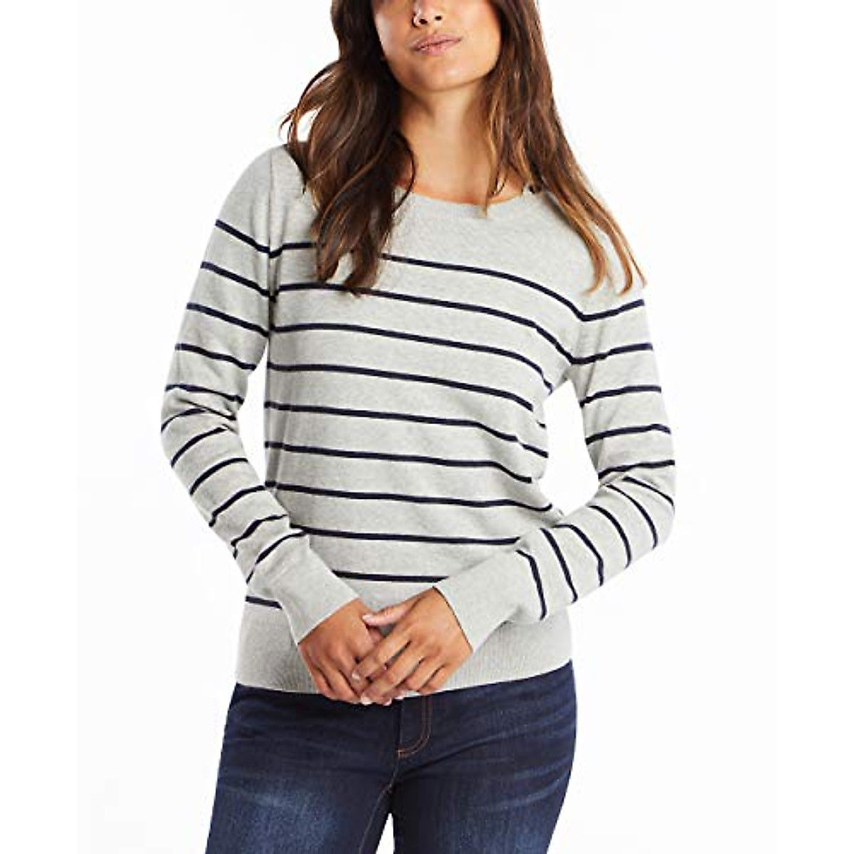 Nautica womens Year-round Long Sleeve 100% Cotton Striped Crewneck Sweater, Grey Heather, Medium US