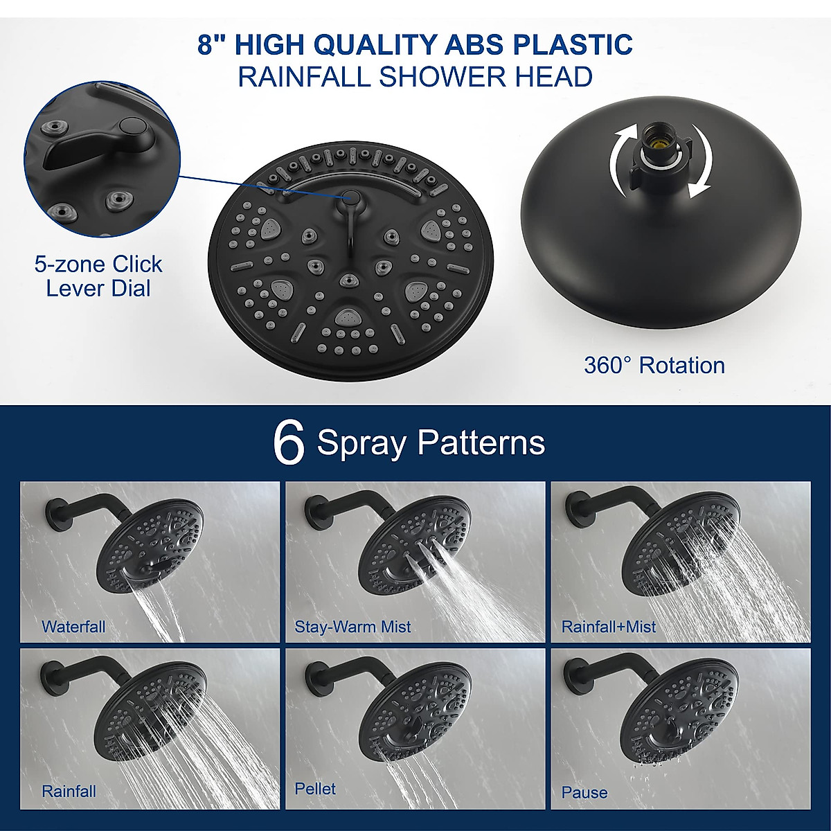 SHAMANDA Luxury Shower System with Valve, Shower Faucet Sets Complete with 6-Spray Shower Head and Handle, Single Function Shower Trim Kit Matte Black, L808-7