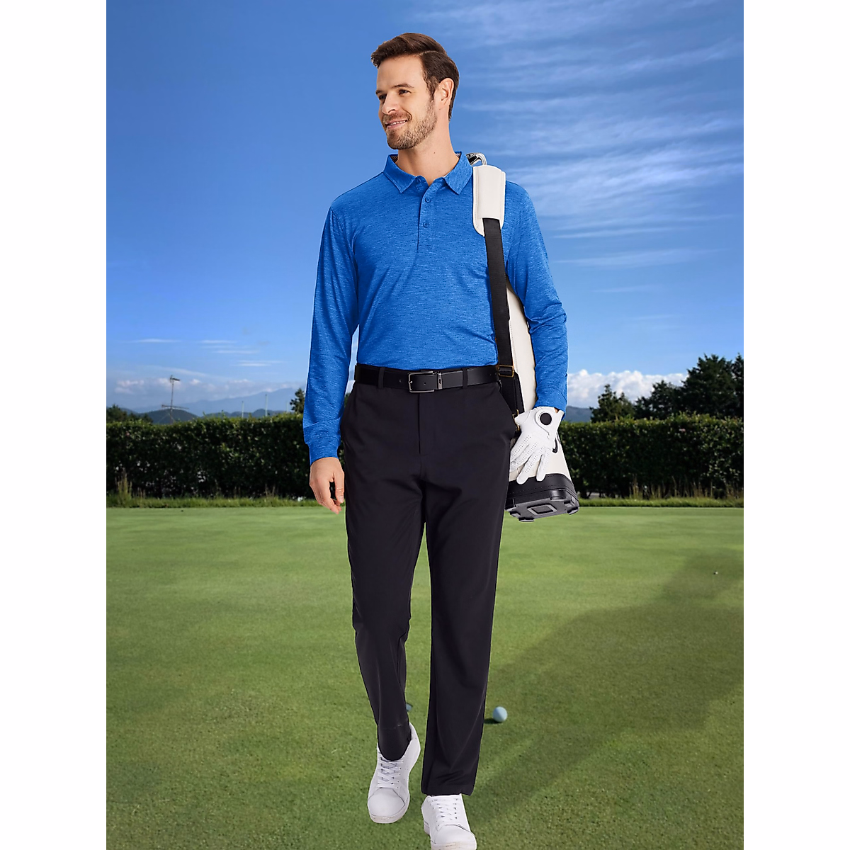 MAGCOMSEN Golf Polos for Men Dry Fit Polo Shirts Long Sleeve Shirts Quick Dry Shirts Performance Polo Shirts Sea Blue L