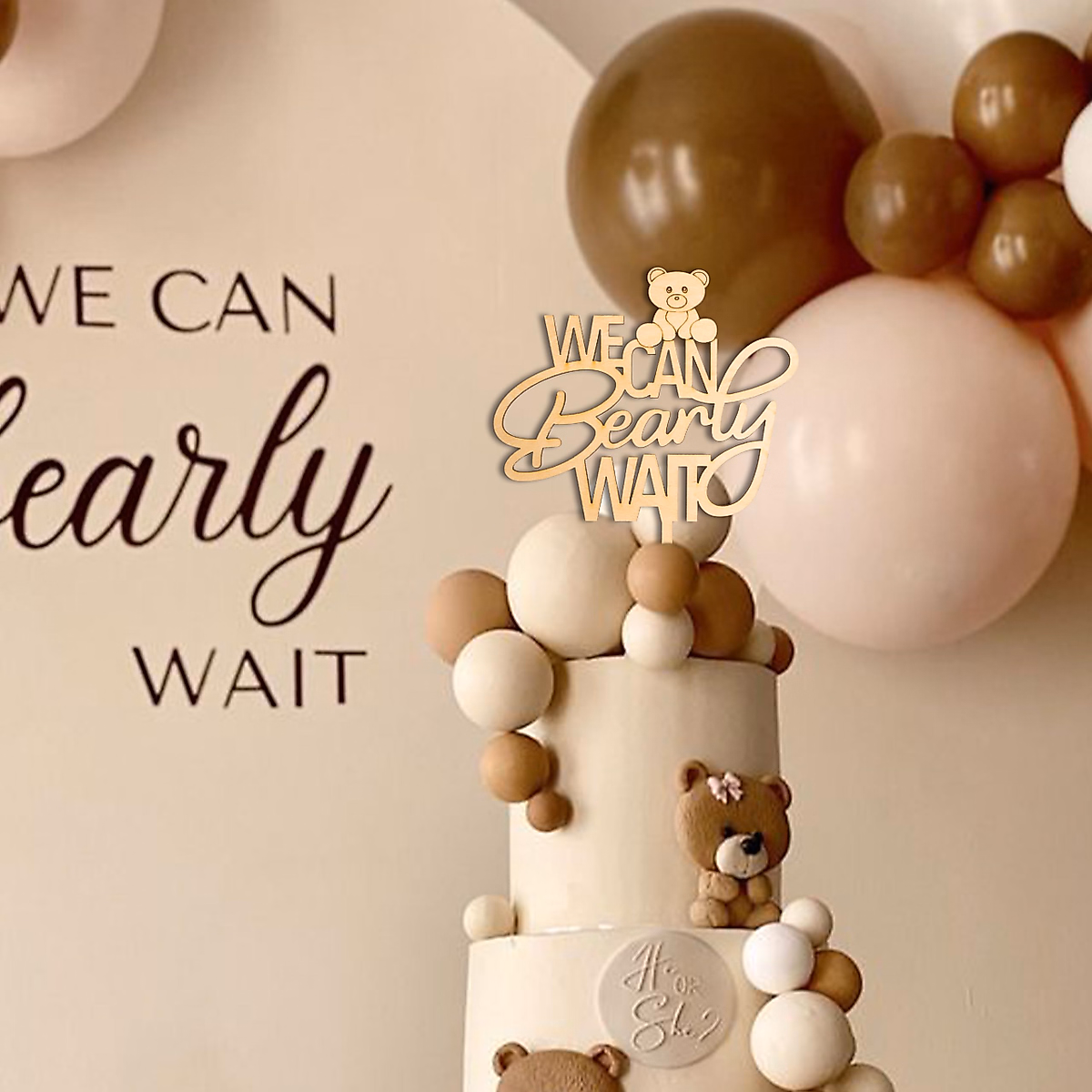 ZAIBIANHAO We Can Bearly Wait Cake Topper,Bear Cake Decorations, We Can Bearly Wait Wooden Cake Topper for Baby Shower Party Supplies,Gender Reveal Party Supplies (Bearly Cake Topper)