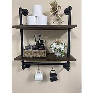 MEYRUOXI Pipe Shelves Industrial Pipe Shelving Industrial Bathroom Shelves with Towel bar,24 in Rustic Metal Pipe Floating Shelves Pipe Wall Shelf,2 Tier Industrial Shelf Wall Mounted with Hook