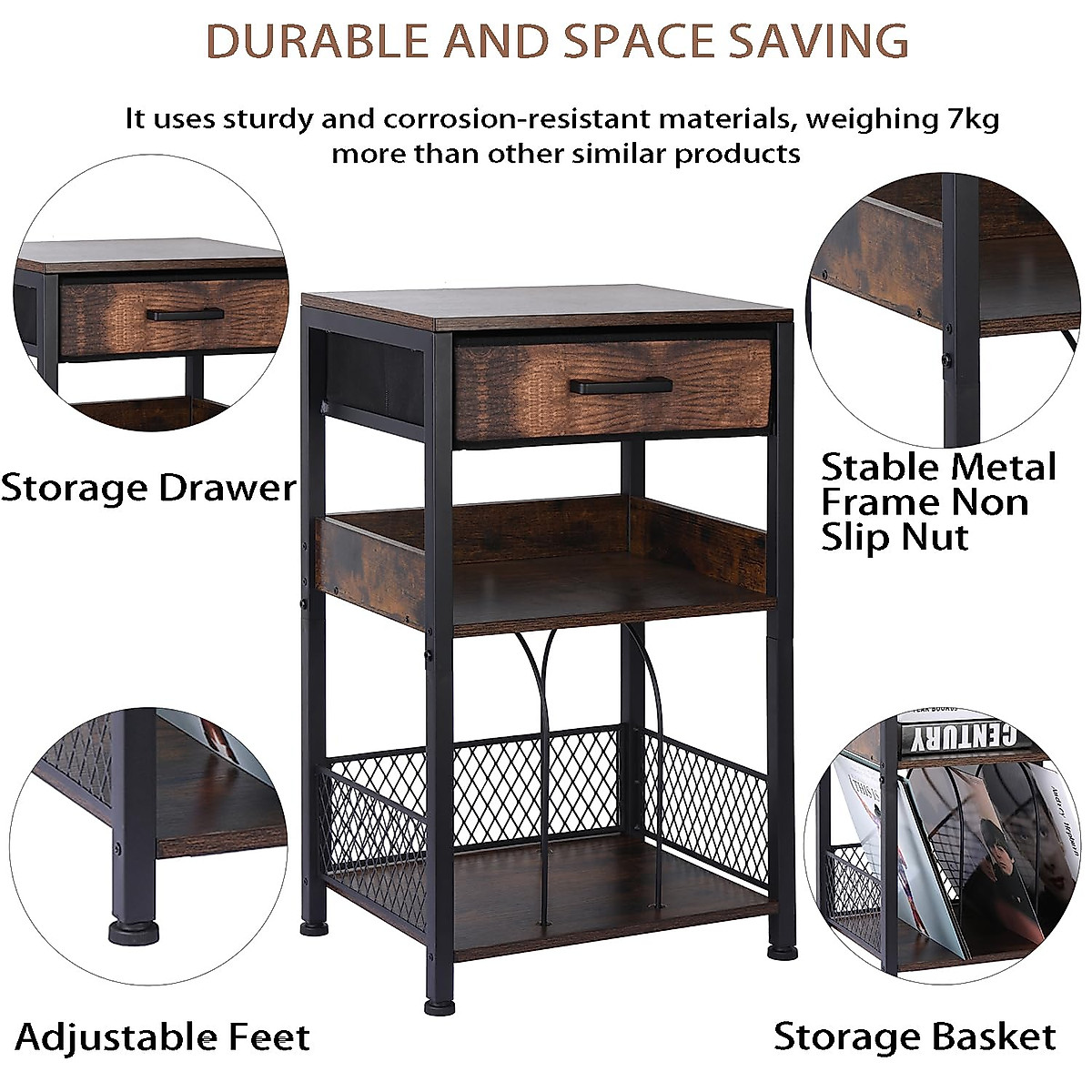 3 Tier End Table,Small Side Table with Storage Drawer,24.8 inch Tall Night Stand for Small Spaces, Brown Bedside Table,Side Table for Living Room,Bedroom,Office