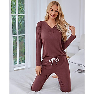 difficort Women's Pajama Sets Long Sleeve Lounge Sets Pjs Sleepwear with Pockets,Maroon,X-Large