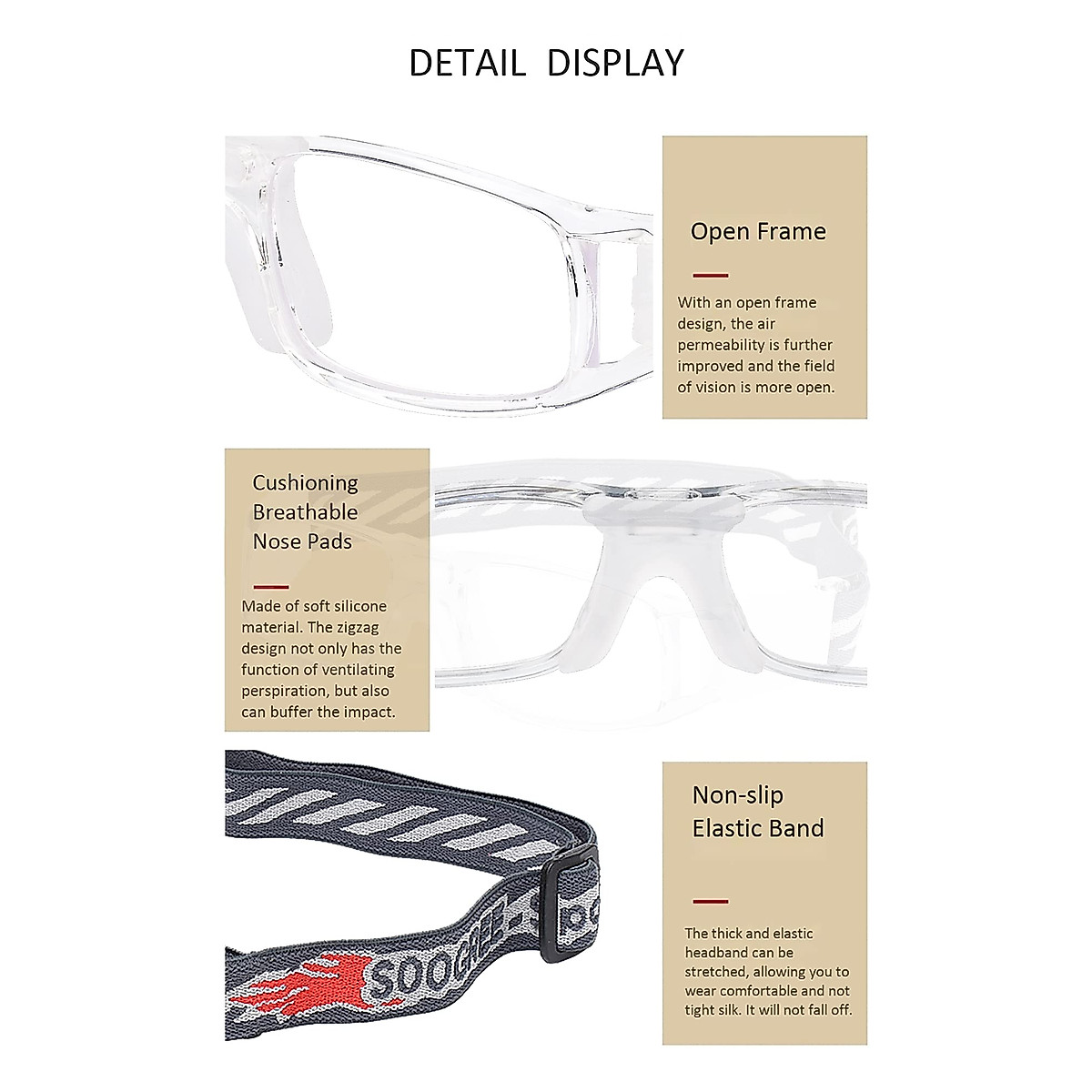 SooGree Sports Goggles Glasses -Basketball Soccer Football Sports Protective Eyewear Goggles Eye Safety Glasses Frame Removable PC Lens with Adjustable Goggles Strap (8107 gray frame white pad)