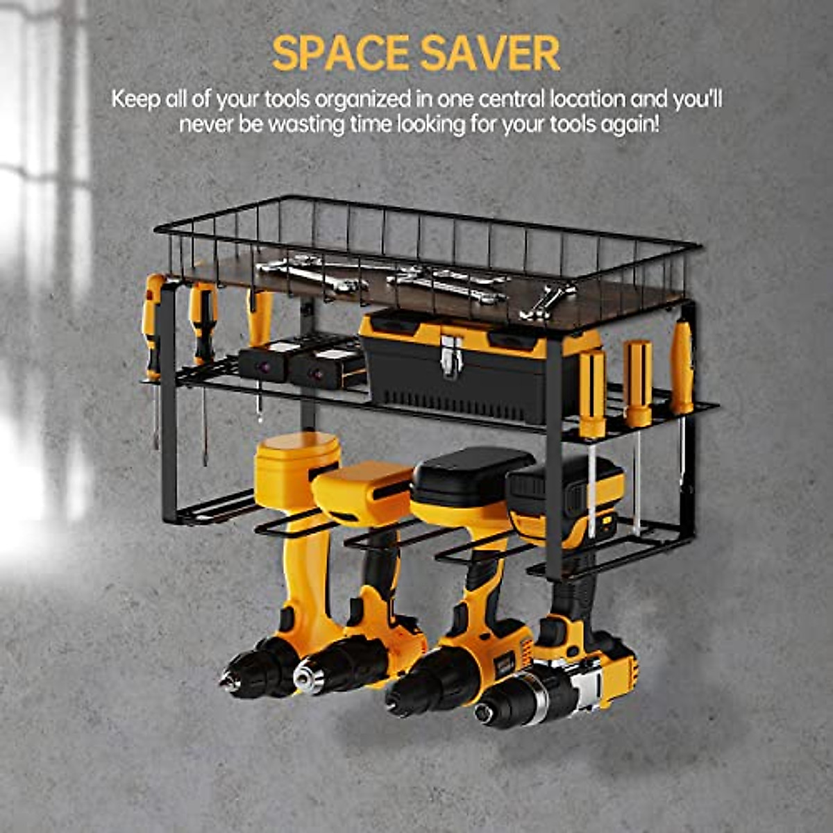 HOYRR Power Tool Organizer, Drill Holder Wall Mount, Garage Tool Organizers With 5 Drill Holders, Heavy Duty Tool Shelf With Basket, Perfect Tool Organizer Gift for Father